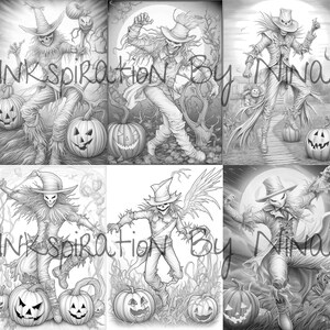 Scary Pumpkin Dancing Scarecrow Coloring Book, 14 Greyscale Adult ...