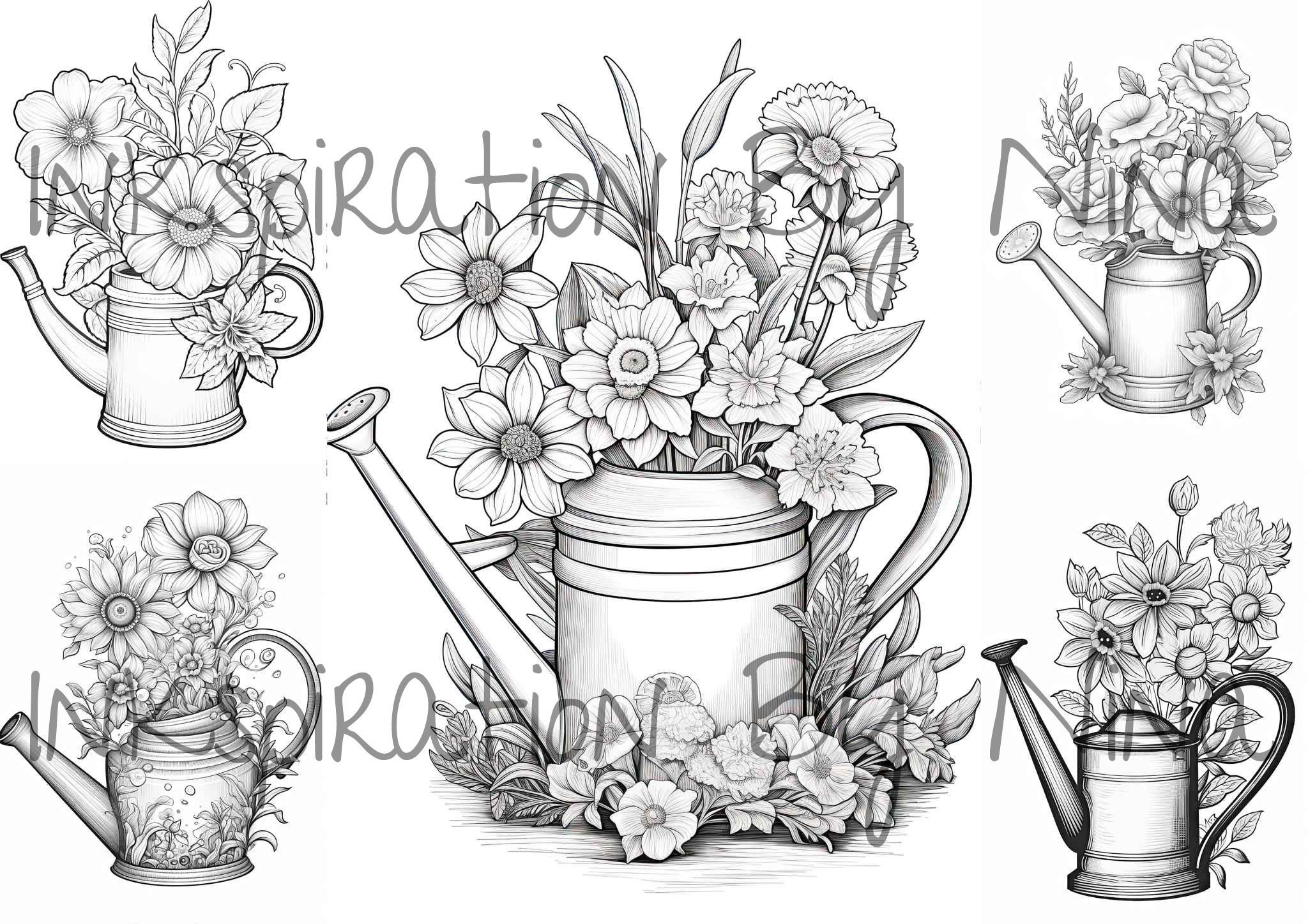 Flower Watering Can Coloring Book, 20 Detail Greyscale Adult & Kids ...