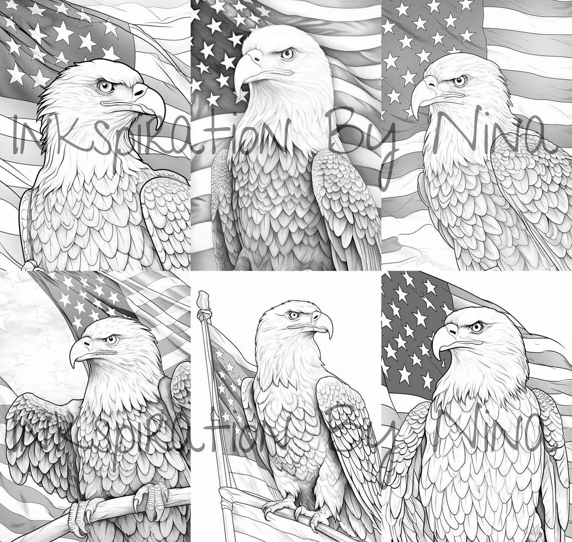 Bald American Eagle Flag Coloring Book, 24 Detail Greyscale Adult Kids ...