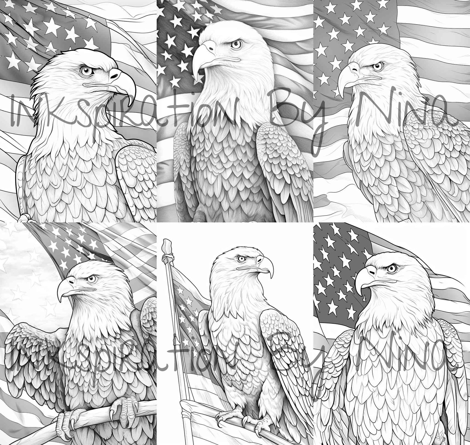 Bald American Eagle Flag Coloring Book, 24 Detail Greyscale Adult Kids ...
