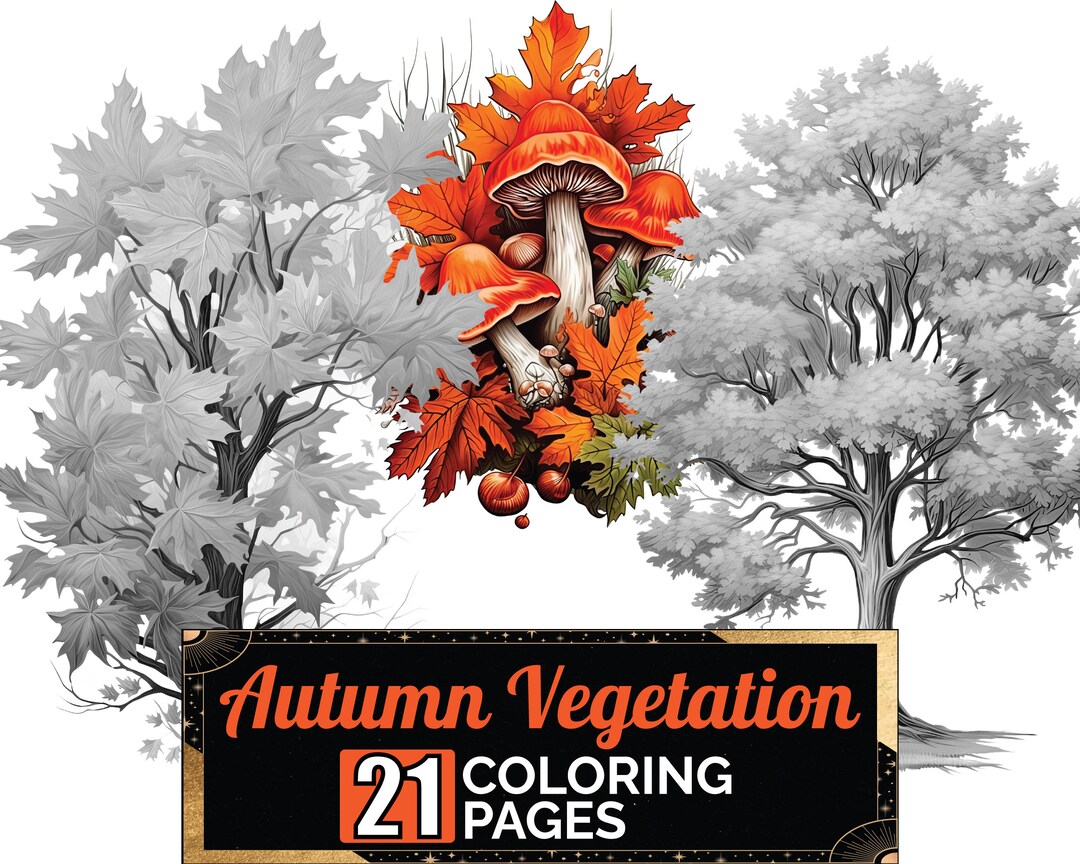 Fall Autumn Vegetation Coloring Book, 21 Detail Greyscale Adult & Kids ...