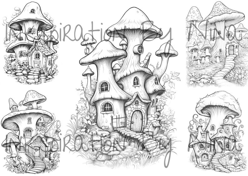 Magical Mushroom Village Coloring Book, 15 Detail Greyscale Adult ...