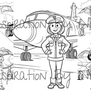 Cartoon Young Pilot Woman Coloring Book, 21 Greyscale Adult & Kids ...