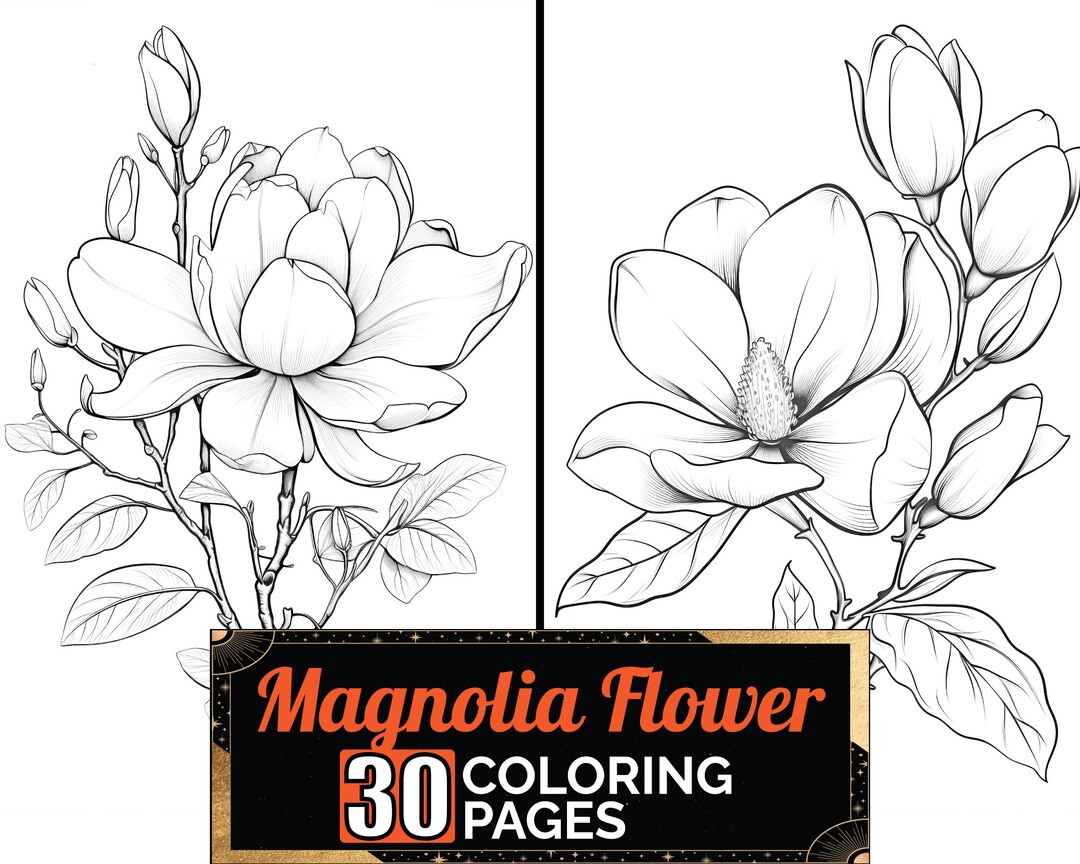 Magnolia Flower Coloring Book, 30 Detail Greyscale Adult & Kids Flower ...