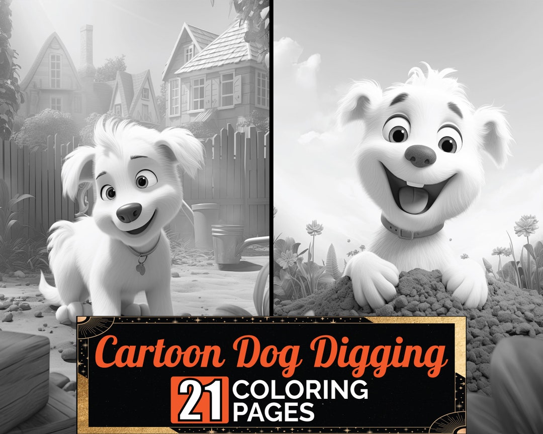 Cartoon Dog Digging Ground Coloring Book, 21 Detail Greyscale Adult ...
