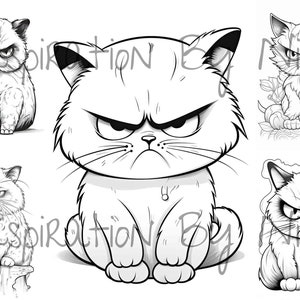 Cute Grumpy Cat Coloring Book, 30 Detail Greyscale Adult & Kids Cat ...