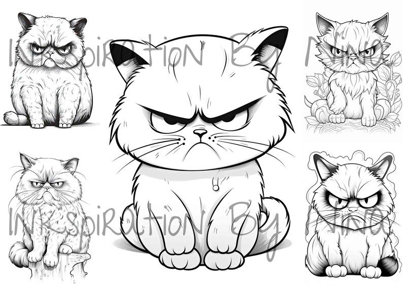 Cute Grumpy Cat Coloring Book, 30 Detail Greyscale Adult & Kids Cat ...