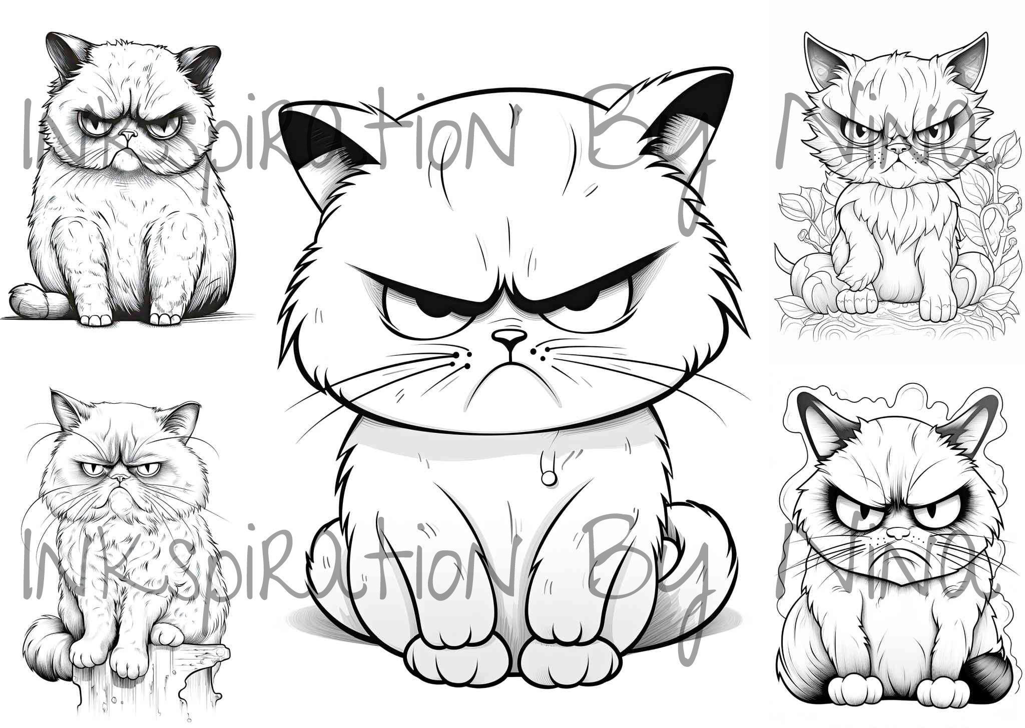 Cute Grumpy Cat Coloring Book, 30 Detail Greyscale Adult & Kids Cat ...