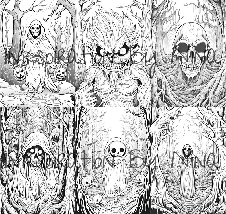 Scary Undead Haunted Forest Coloring Book, 24 Greyscale Adult & Kids ...