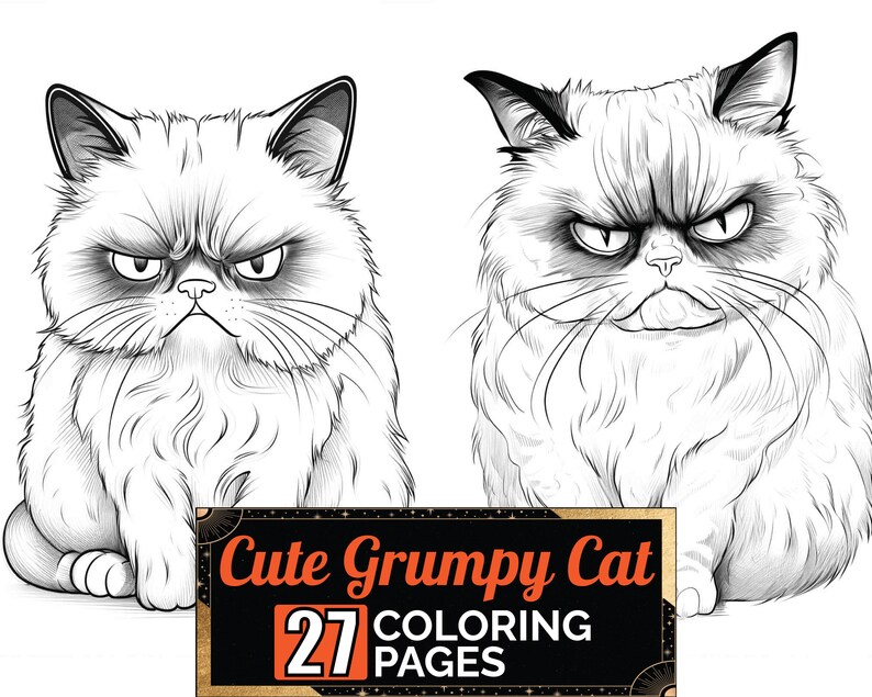 Cute Grumpy Cat Coloring Book, 30 Detail Greyscale Adult & Kids Cat ...