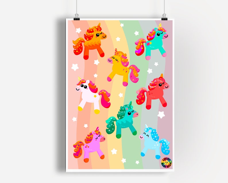 Rainbow Unicorn Print for Childrens Room, Rainbow Nursery Wall Art ...