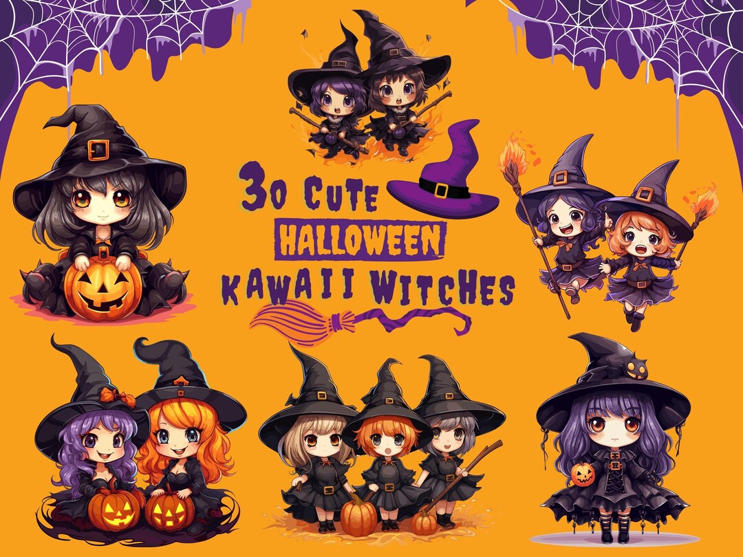 30 Cute Kawaii Halloween Witches, 400 Dpi Transparent Png and Svg Files ...
