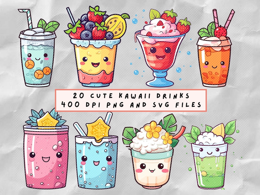 20 Cute Kawaii Drinks, 400 Dpi Transparent Png and Svg Files for ...