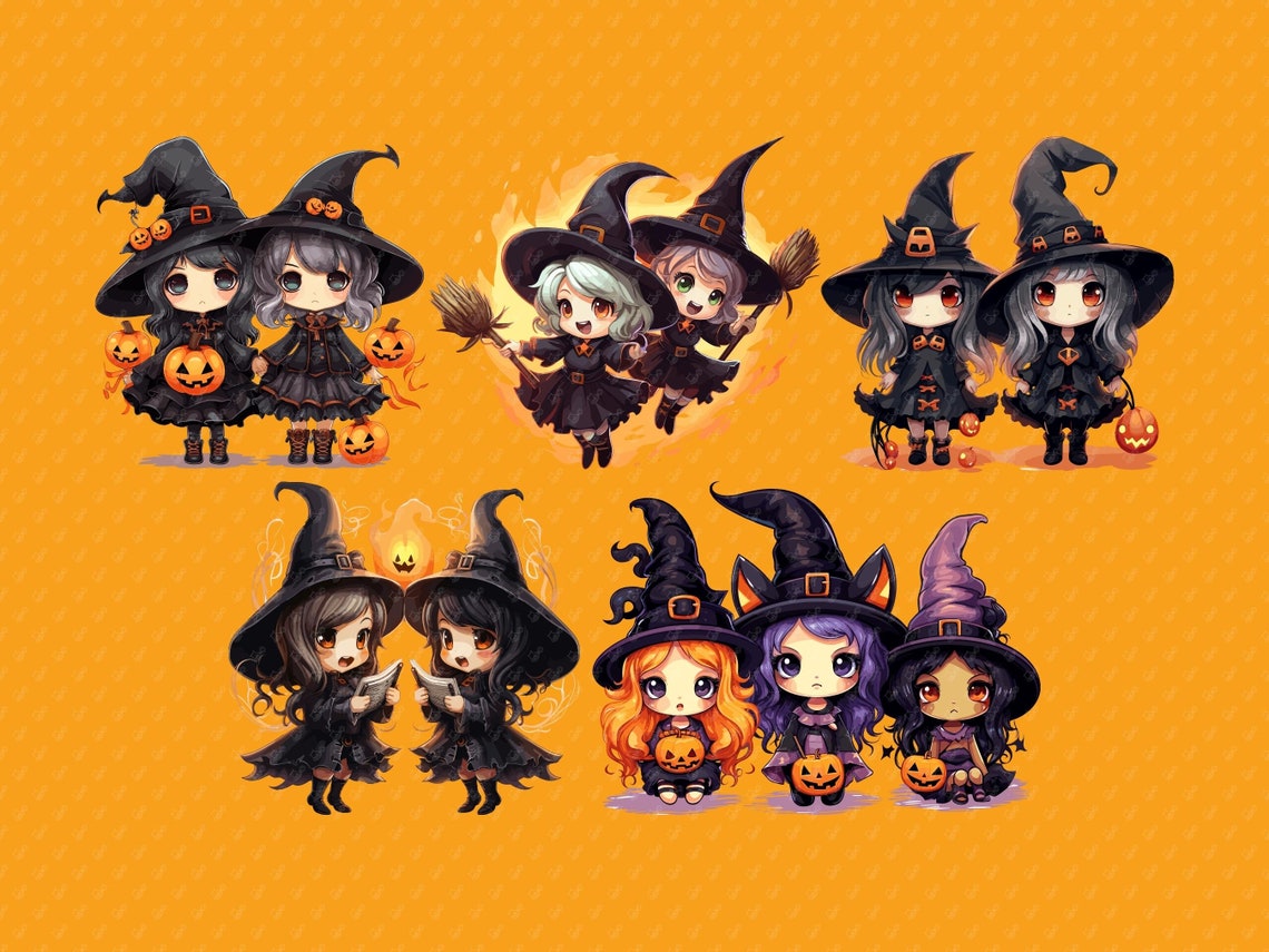 30 Cute Kawaii Halloween Witches, 400 Dpi Transparent Png and Svg Files ...