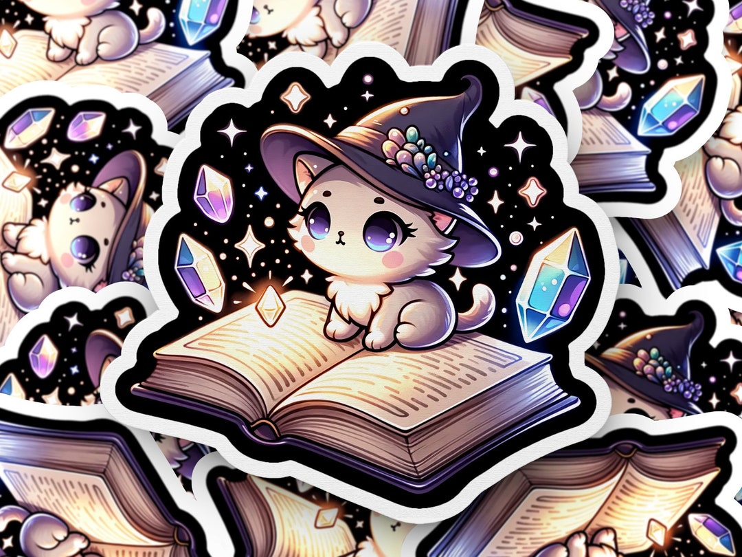 Cute Magician Cat Sticker, Books and Cats Sticker, Kawaii Wizard Cat ...