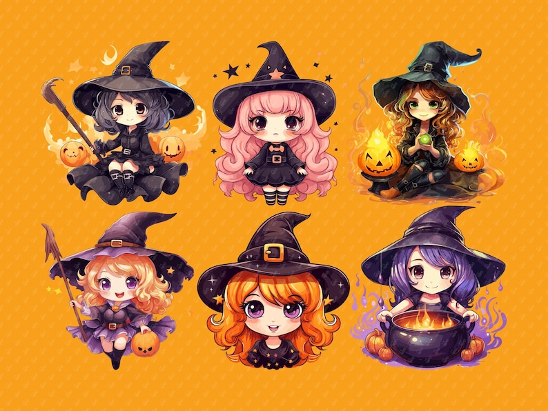30 Cute Kawaii Halloween Witches, 400 Dpi Transparent Png and Svg Files ...