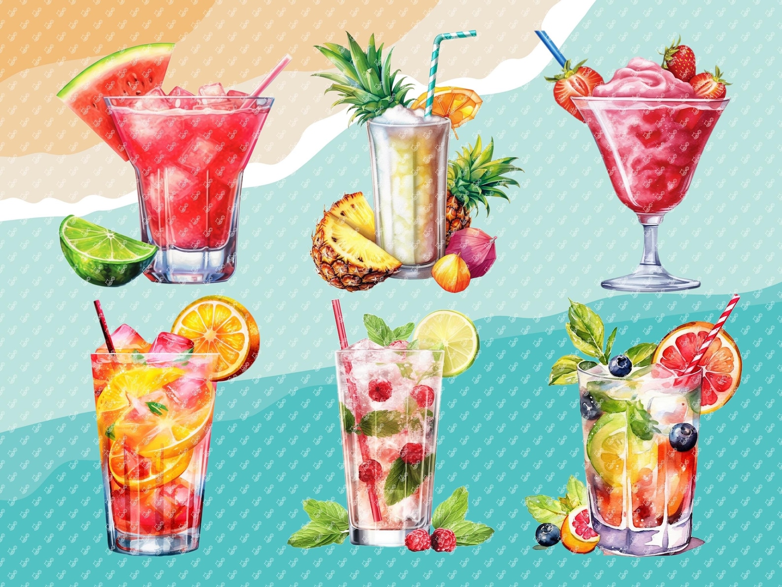 20 Summer Cocktail Clipart, Watercolor Cocktail Clipart Pack, Clipart ...