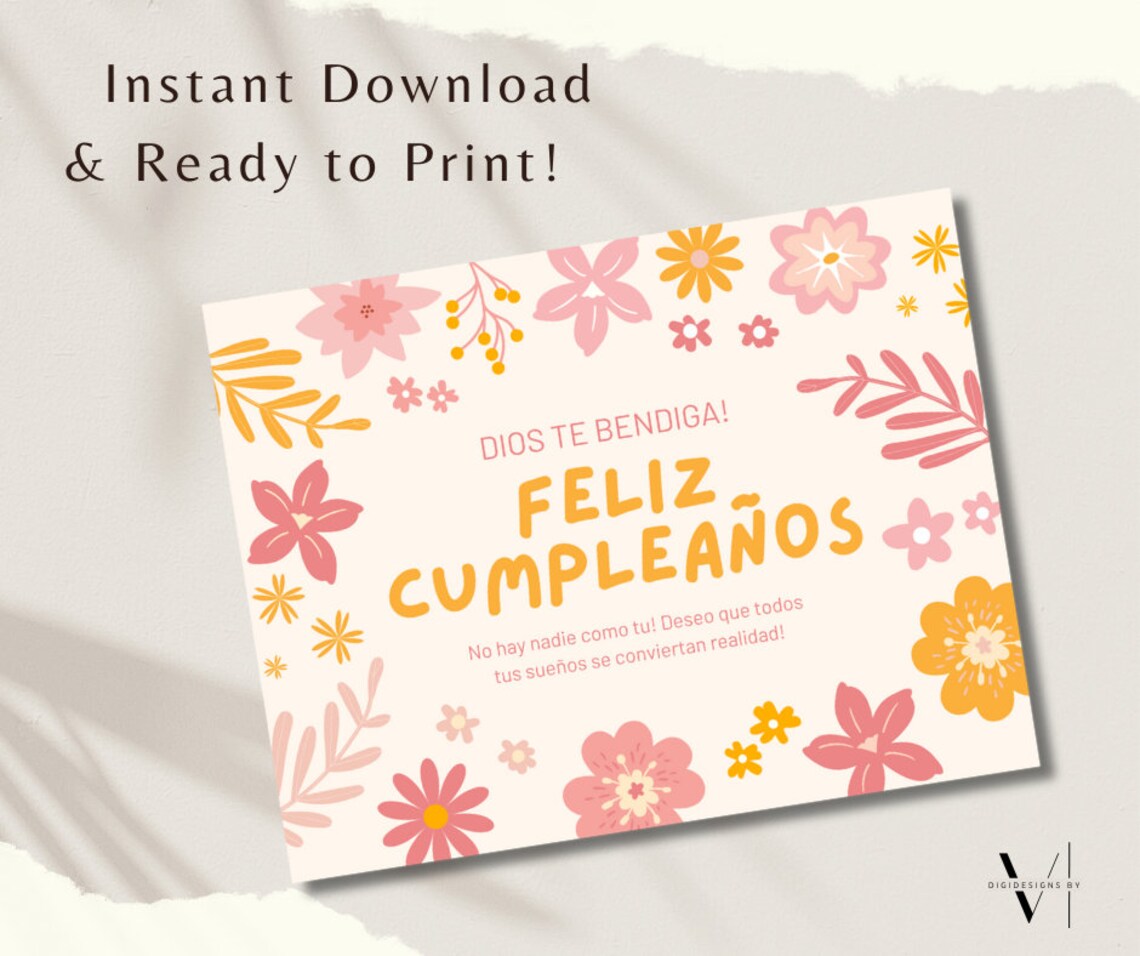 Floral Spanish Birthday Card, Spanish Birthday Printable Card, Feliz ...