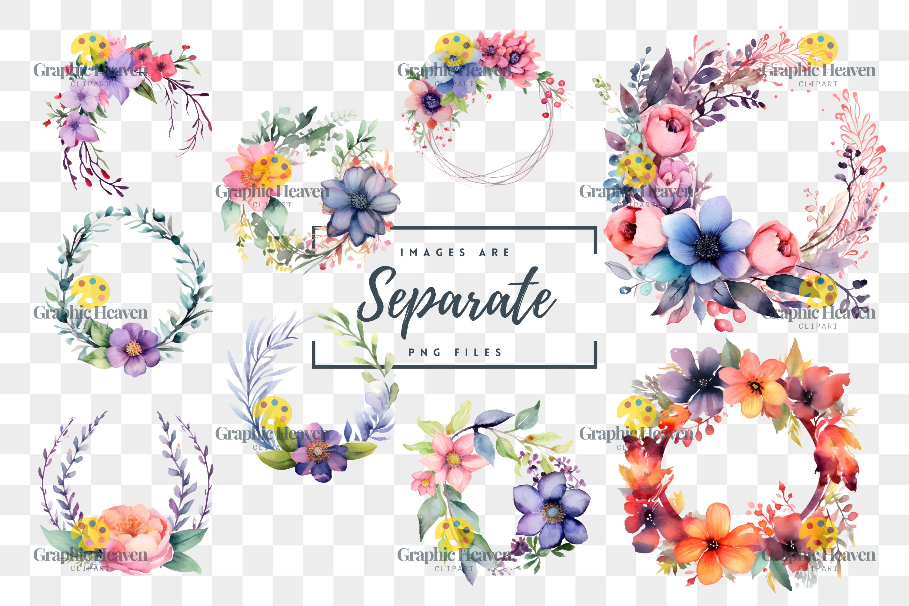 Watercolor Floral Wreath Clipart Digital Png Floral Wreath Graphics ...