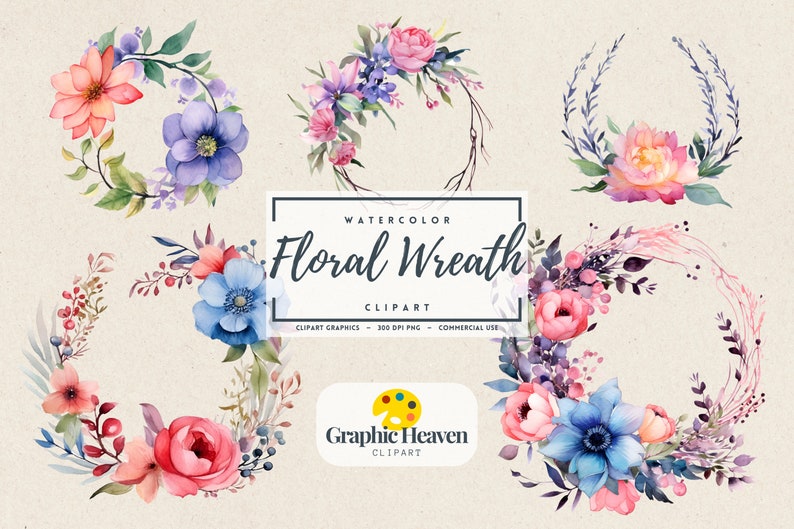 Watercolor Floral Wreath Clipart Digital Png Floral Wreath - Etsy