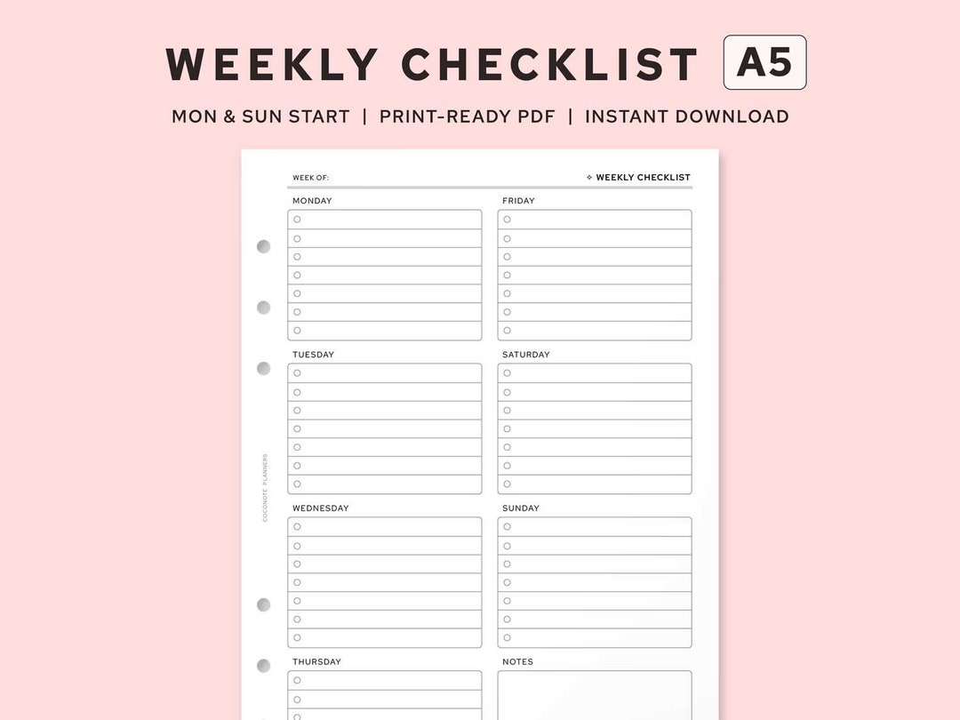 Weekly Checklist A5 Inserts Printable for Planner Inserts Print-ready ...
