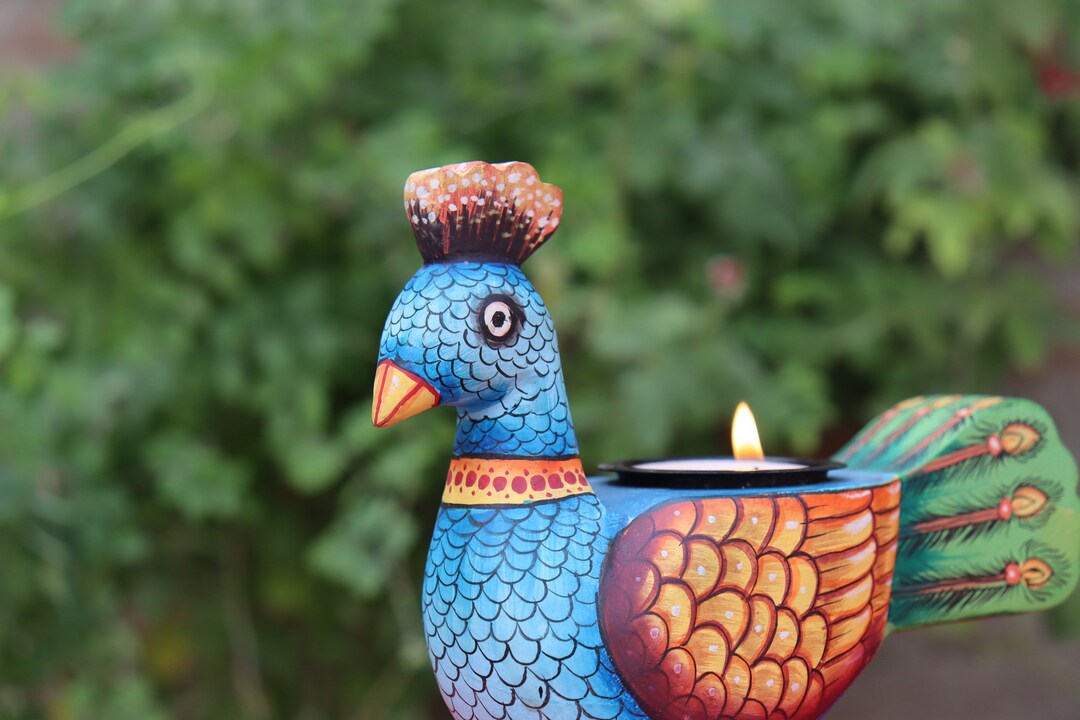 Hand-painted Wooden Peacock Candle Stand: Unique Candle Holder Set for ...