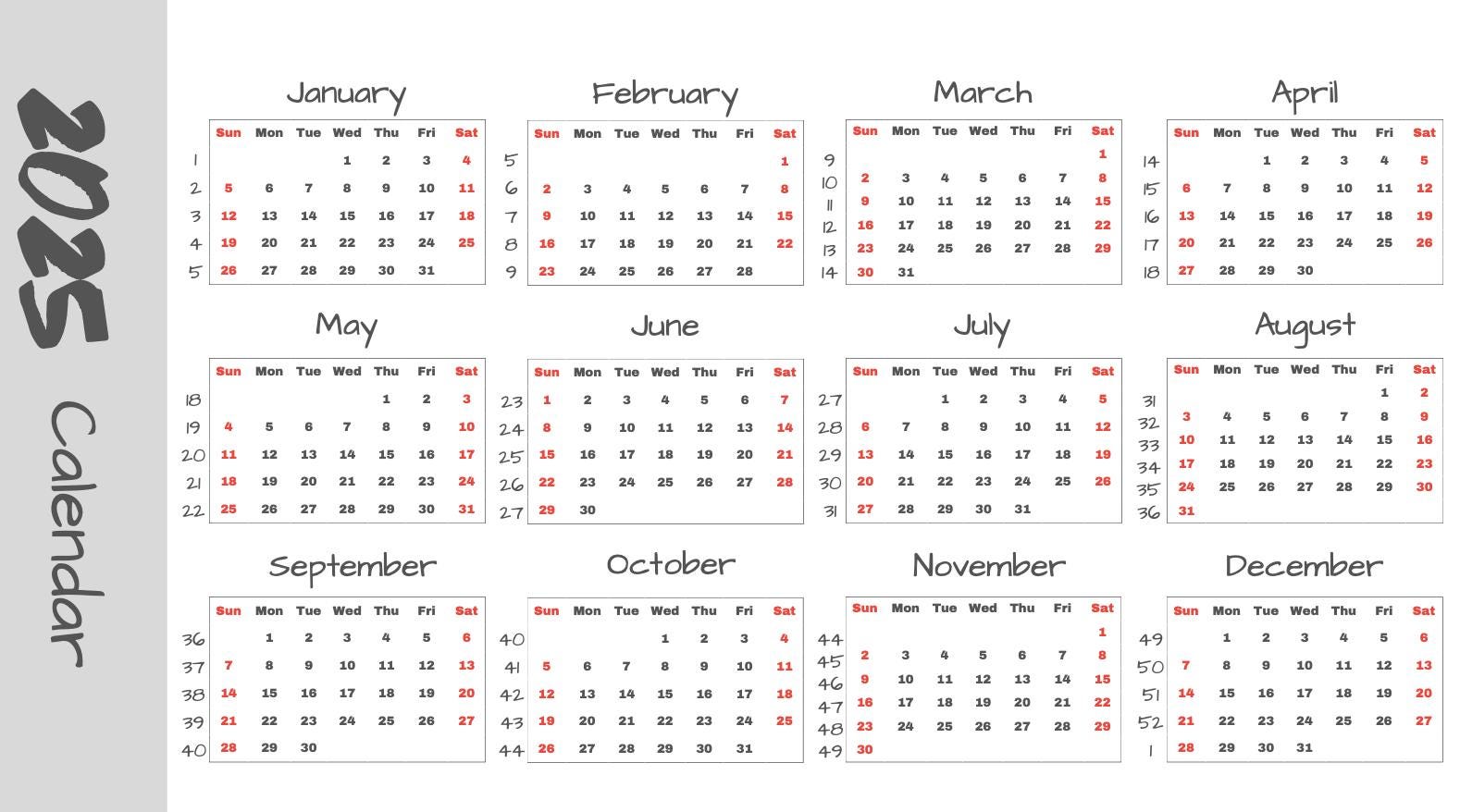 2025 Year Calendar, Printable Landscape, Gray and White Minimalist ...