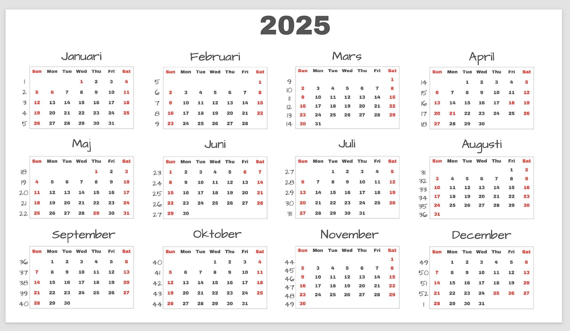 2025 Kalender Med Röda Dagar Och Veckonummer - Etsy