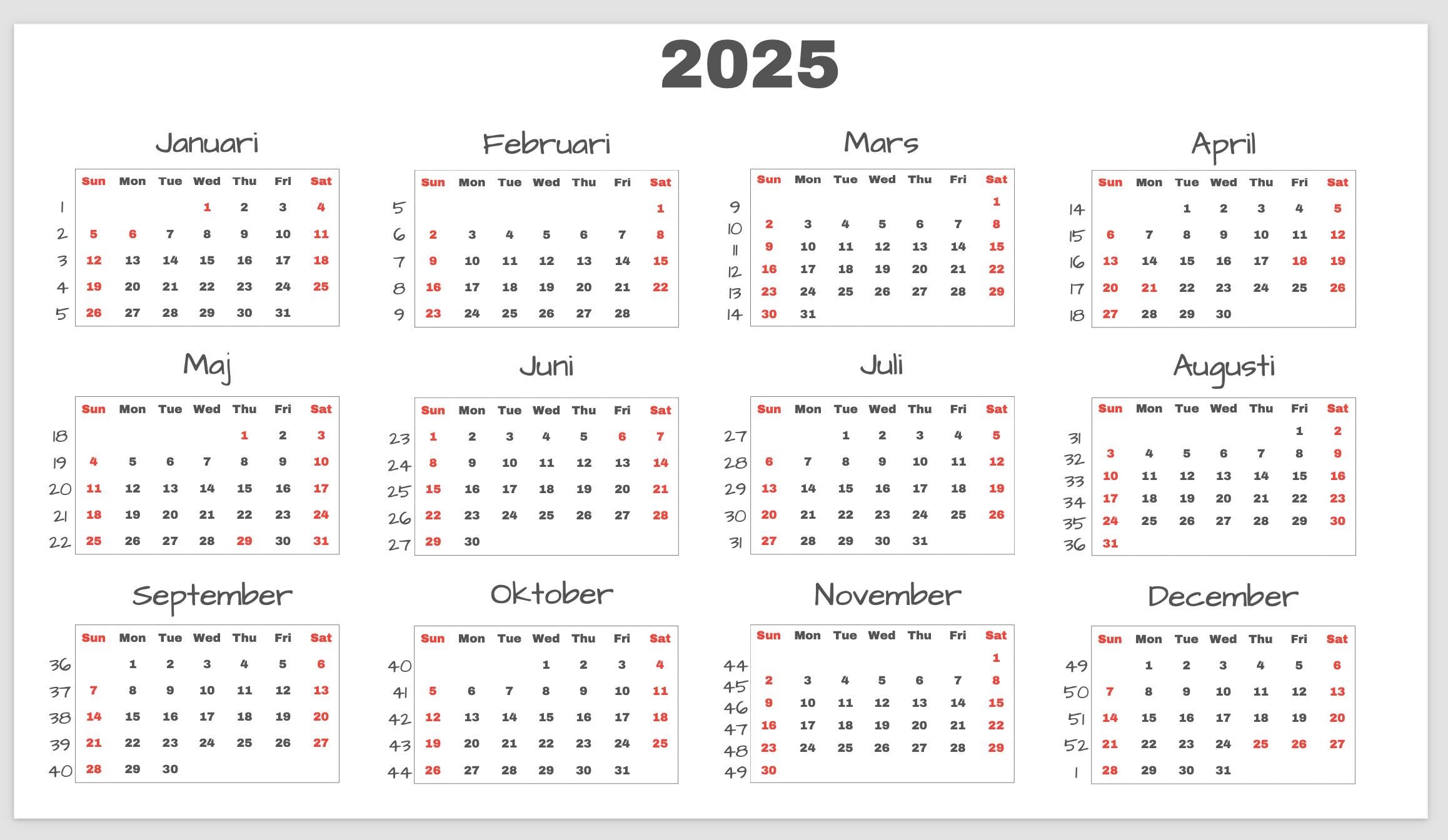 2025 Kalender Med Röda Dagar Och Veckonummer - Etsy