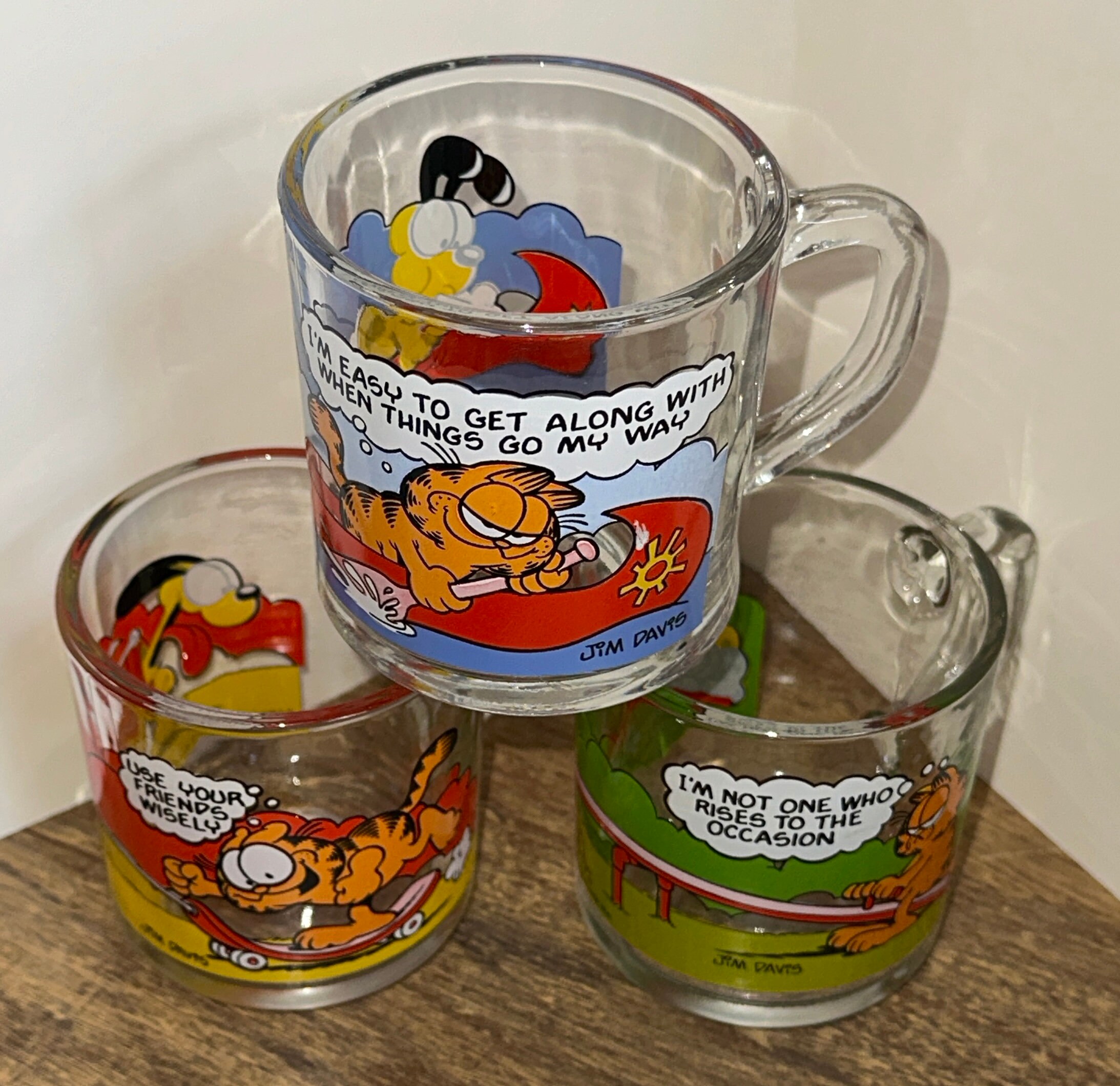 Set of 3 Garfield Glass Mugs Jim Davis Anchor Hocking 1978 Mcdonalds ...