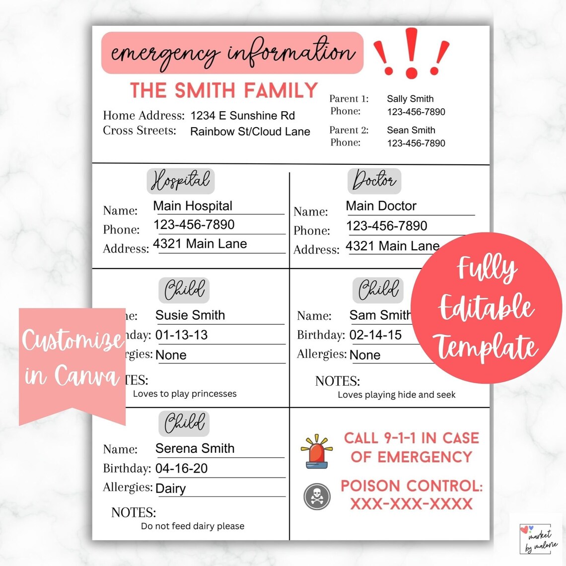 Emergency Information Editable Template Babysitter Guide Printable ...
