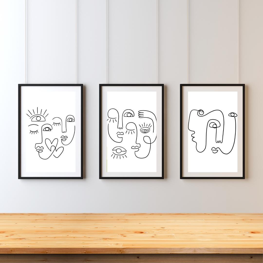 Abstract Line Drawing Face, Modern Line Faces, Set of 3 Digital Prints ...