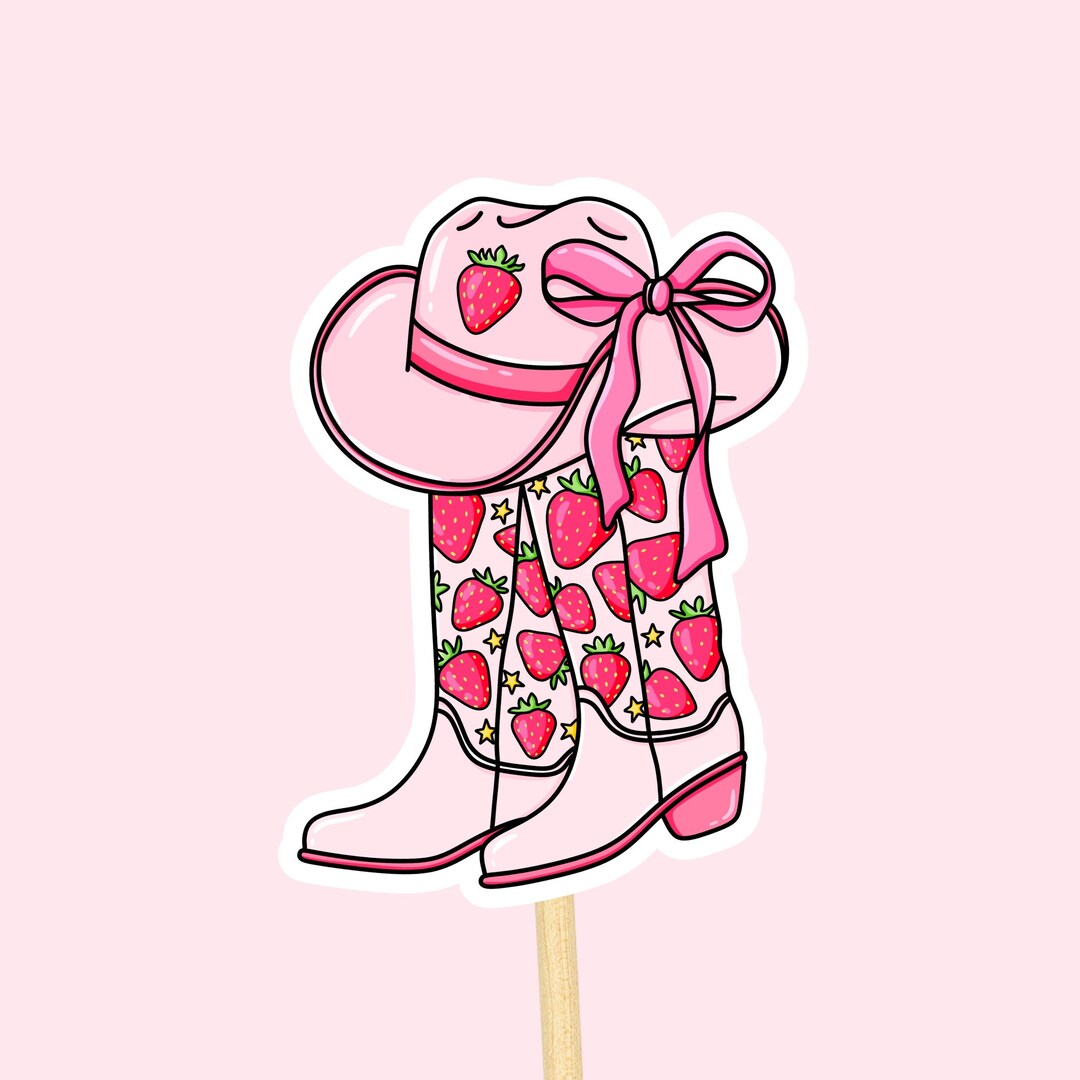 Cowboy Boot Sticker // Pink Coquette Strawberry Aesthetic Waterproof ...