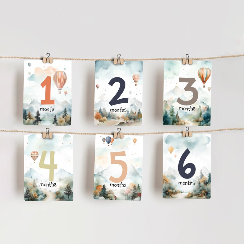 Set of 12 Cards, Monthly Cards, Forest and Mountains, Nursery Decor Set ...