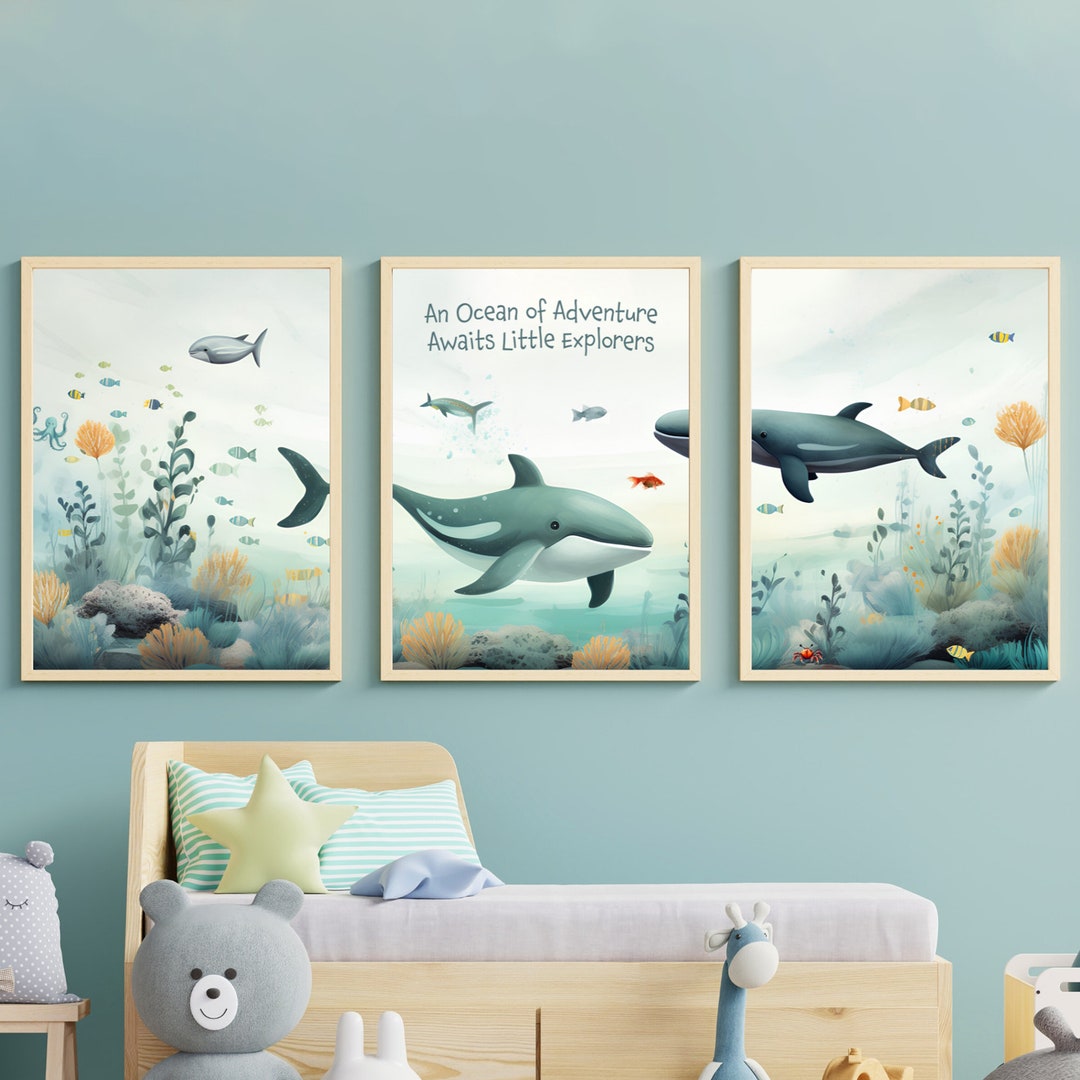 Set of 3 Sea Theme Posters, Nursery Decor Set, Kids Room, Sea and Whale ...