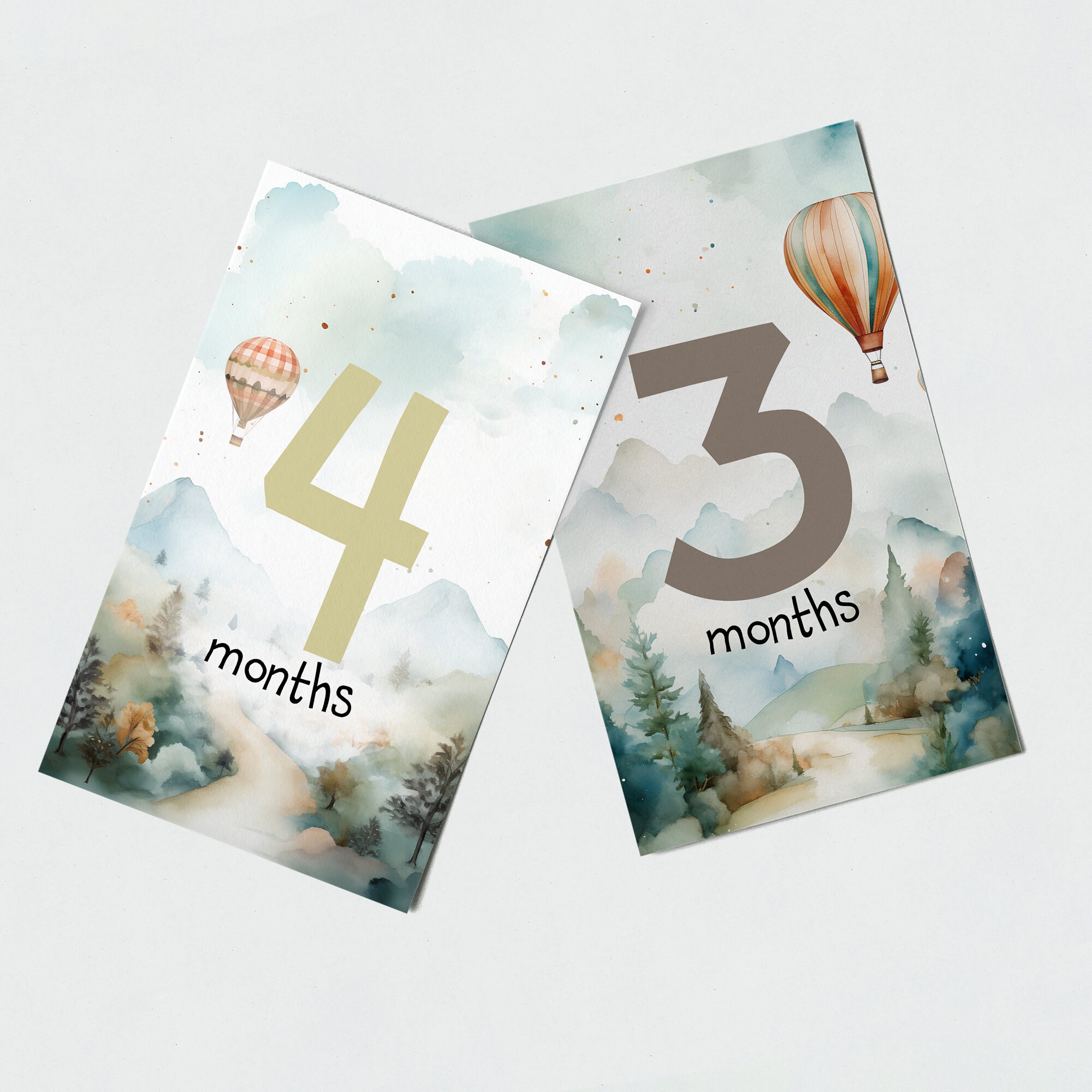 Set of 12 Cards, Monthly Cards, Forest and Mountains, Nursery Decor Set ...