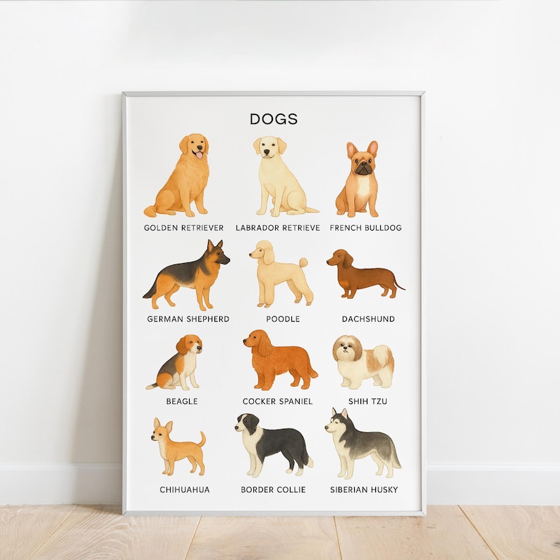 Dog Breeds Poster for Kids, Montessori Animal Chart, Watercolour Dog ...