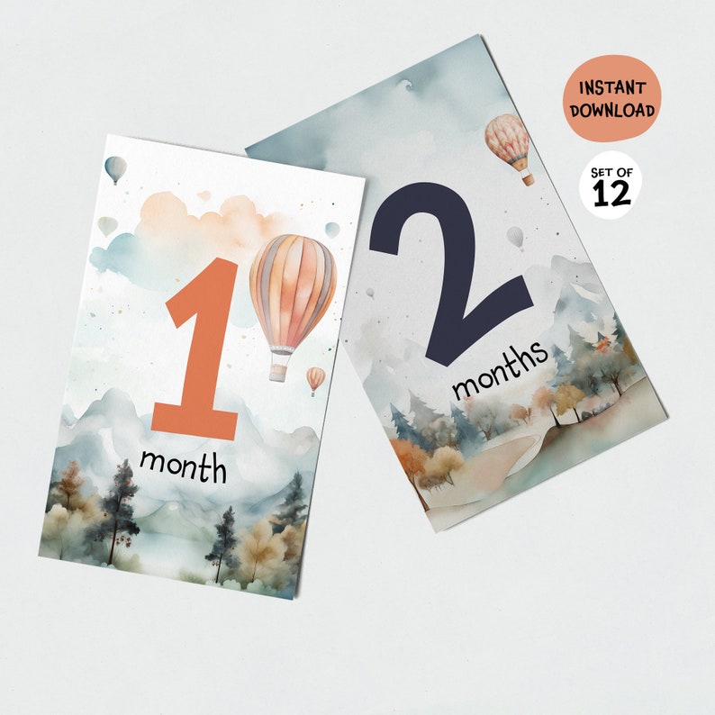 Set of 12 Cards, Monthly Cards, Forest and Mountains, Nursery Decor Set ...