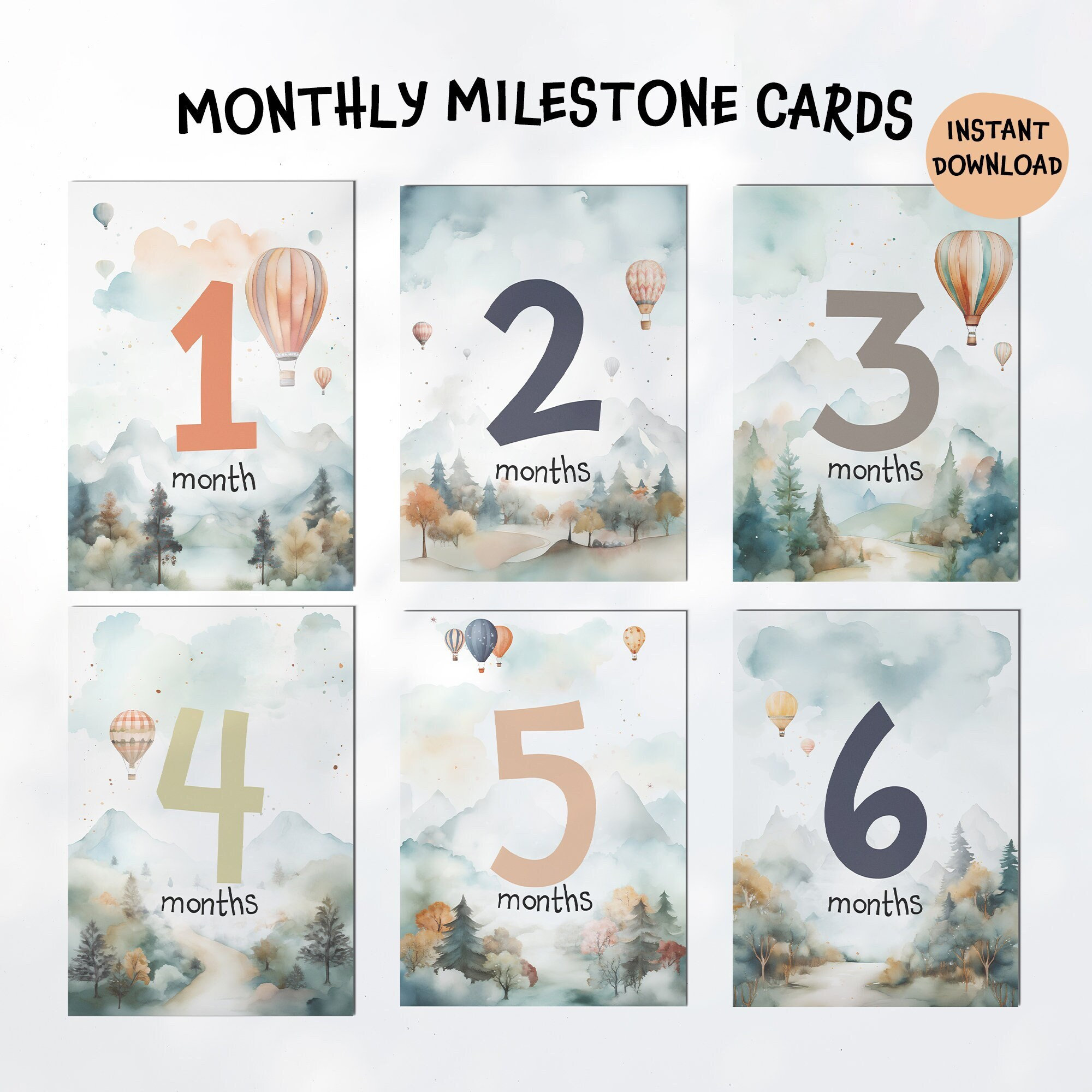 Set of 12 Cards, Monthly Cards, Forest and Mountains, Nursery Decor Set ...