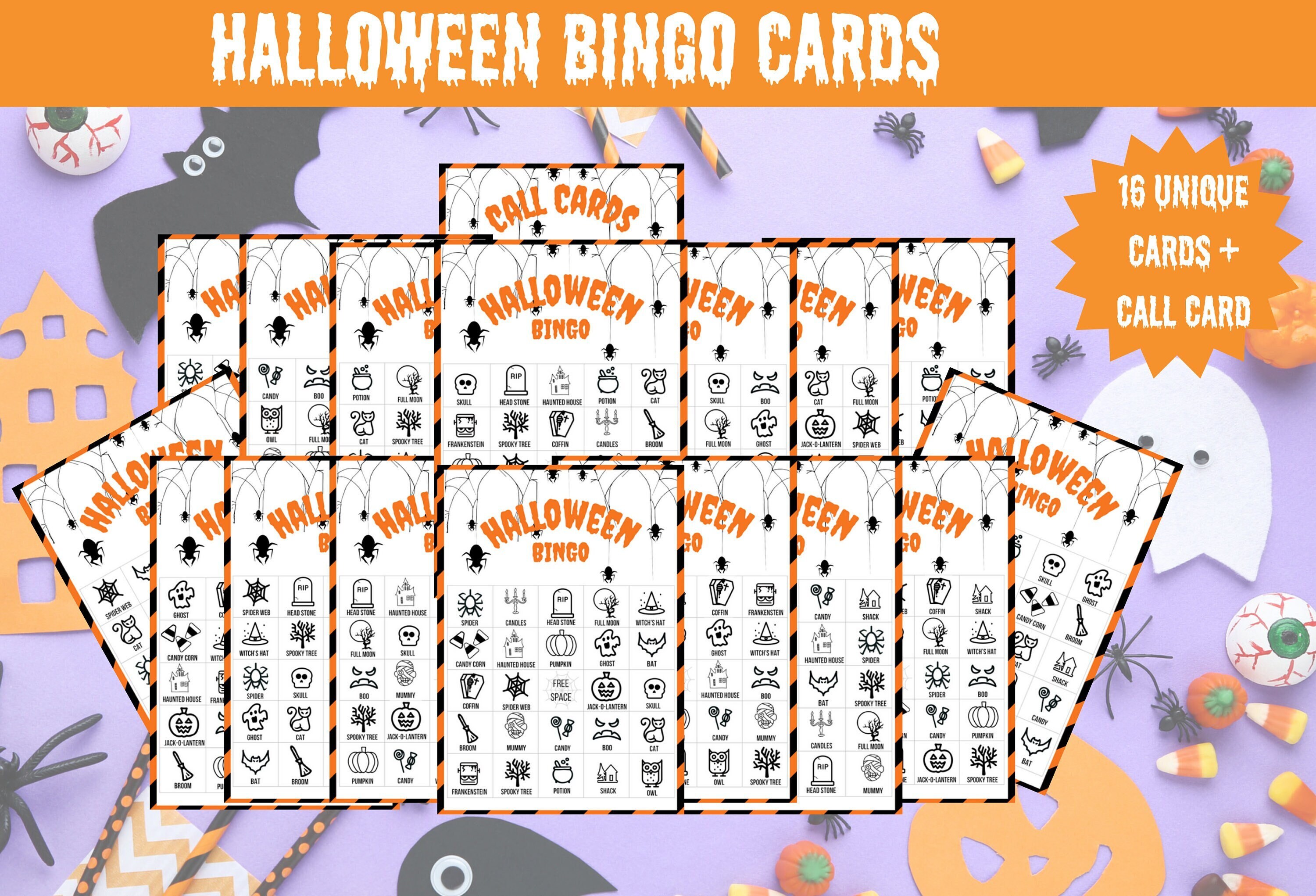 Halloween Bingo 16 Cards, Activity for Kids, Printable Halloween Theme ...