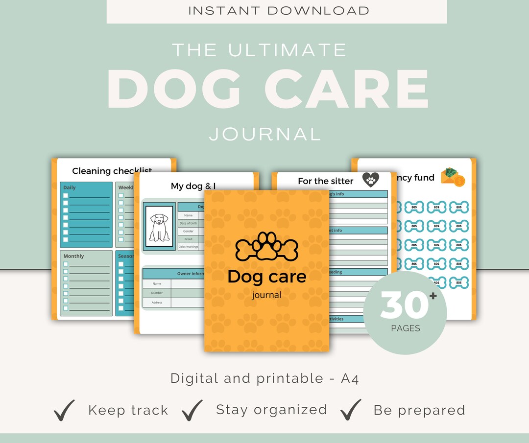 Dog Care Journal Printable Digital Planner Pet Tracker Puppy Owner Vet ...