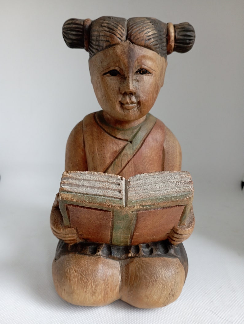 Vintage Hand Carved Wooden Statues Boy Girl Asian Influenced Figures ...