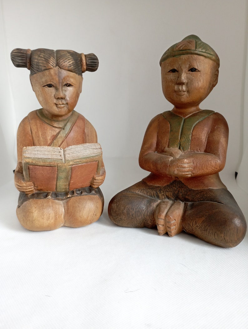 Vintage Hand Carved Wooden Statues Boy Girl Asian Influenced Figures ...