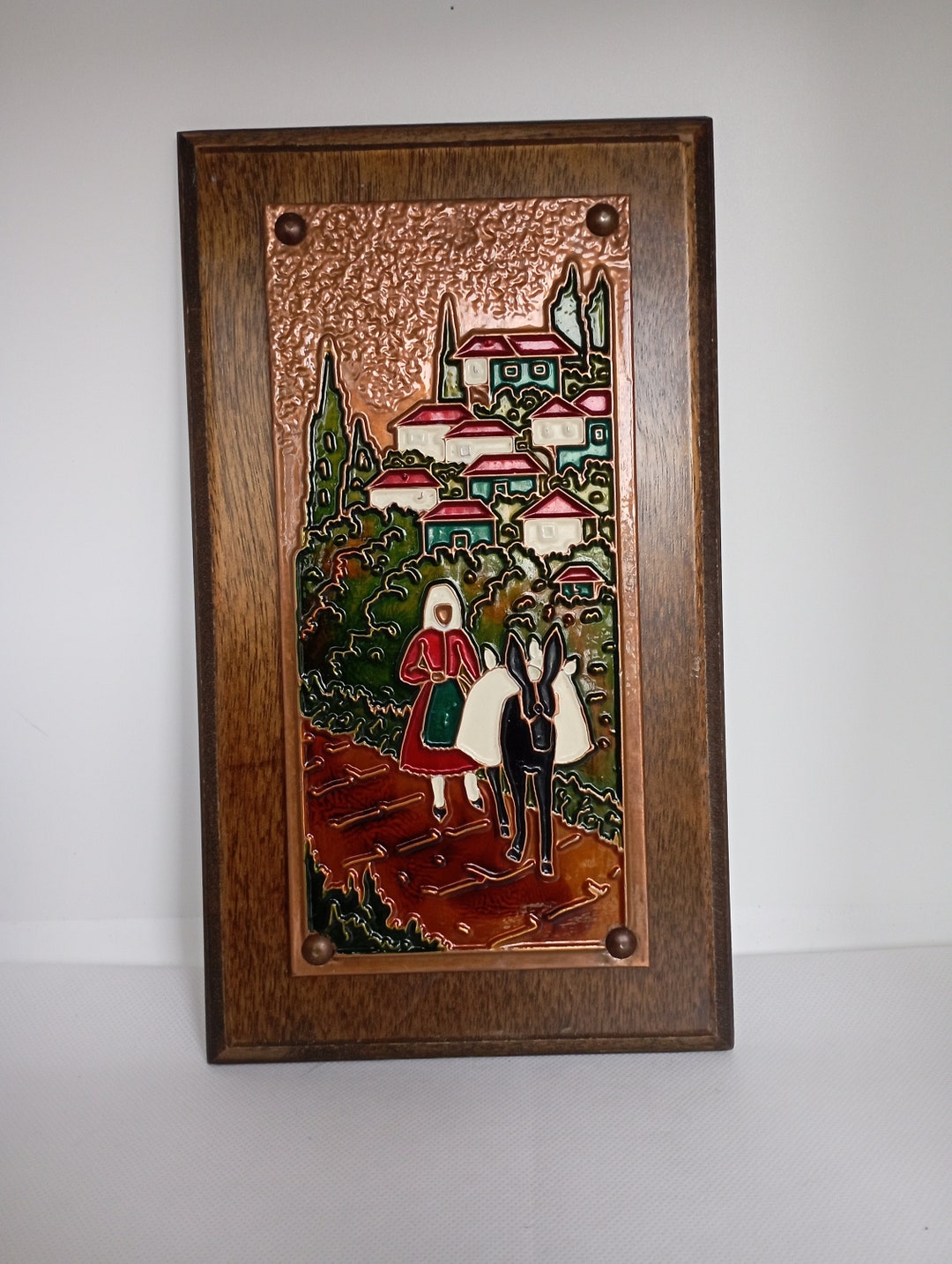 Vintage MCM Mid Century Aethra Greek Wood Copper Enamel Handmade Greece ...