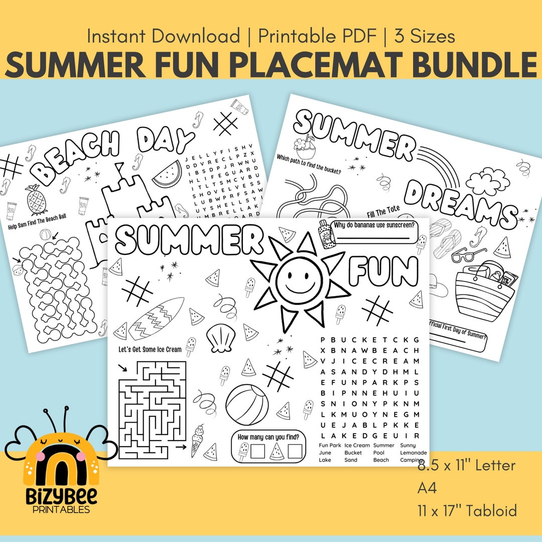 Summer Fun Activity Placemat Bundle: Coloring Pages, Puzzles, Mazes ...