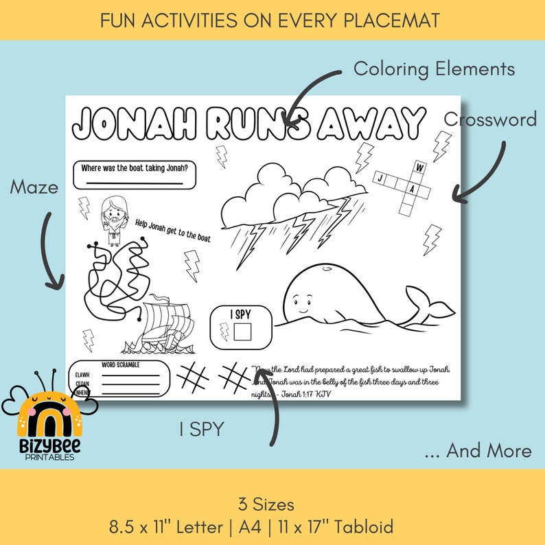 Jonah & the Whale Activity Placemat Bundle, Bible Study Coloring Page ...