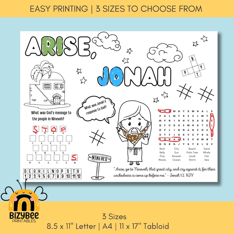 Jonah & the Whale Activity Placemat Bundle, Bible Study Coloring Page ...