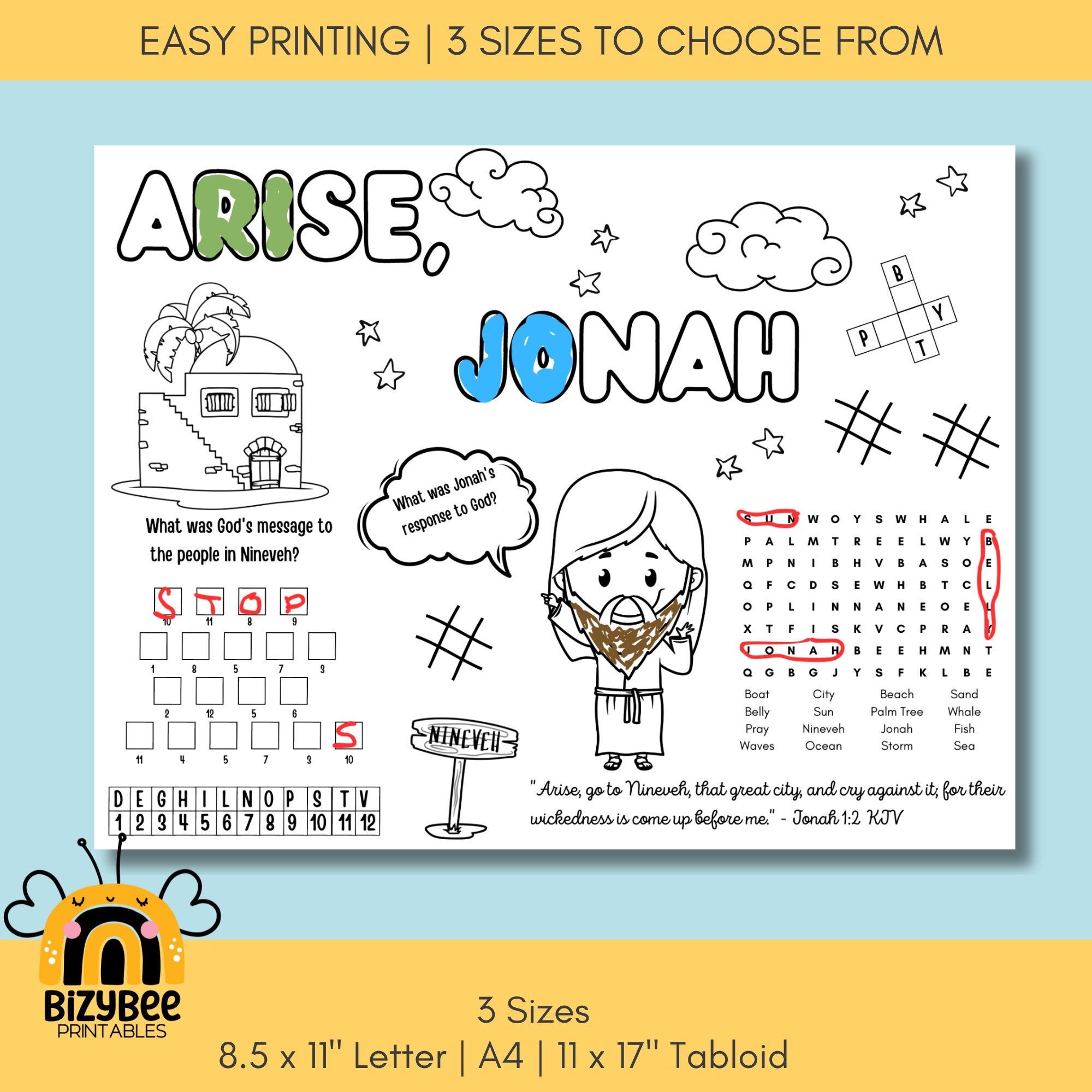 Jonah & the Whale Activity Placemat Bundle, Bible Study Coloring Page ...