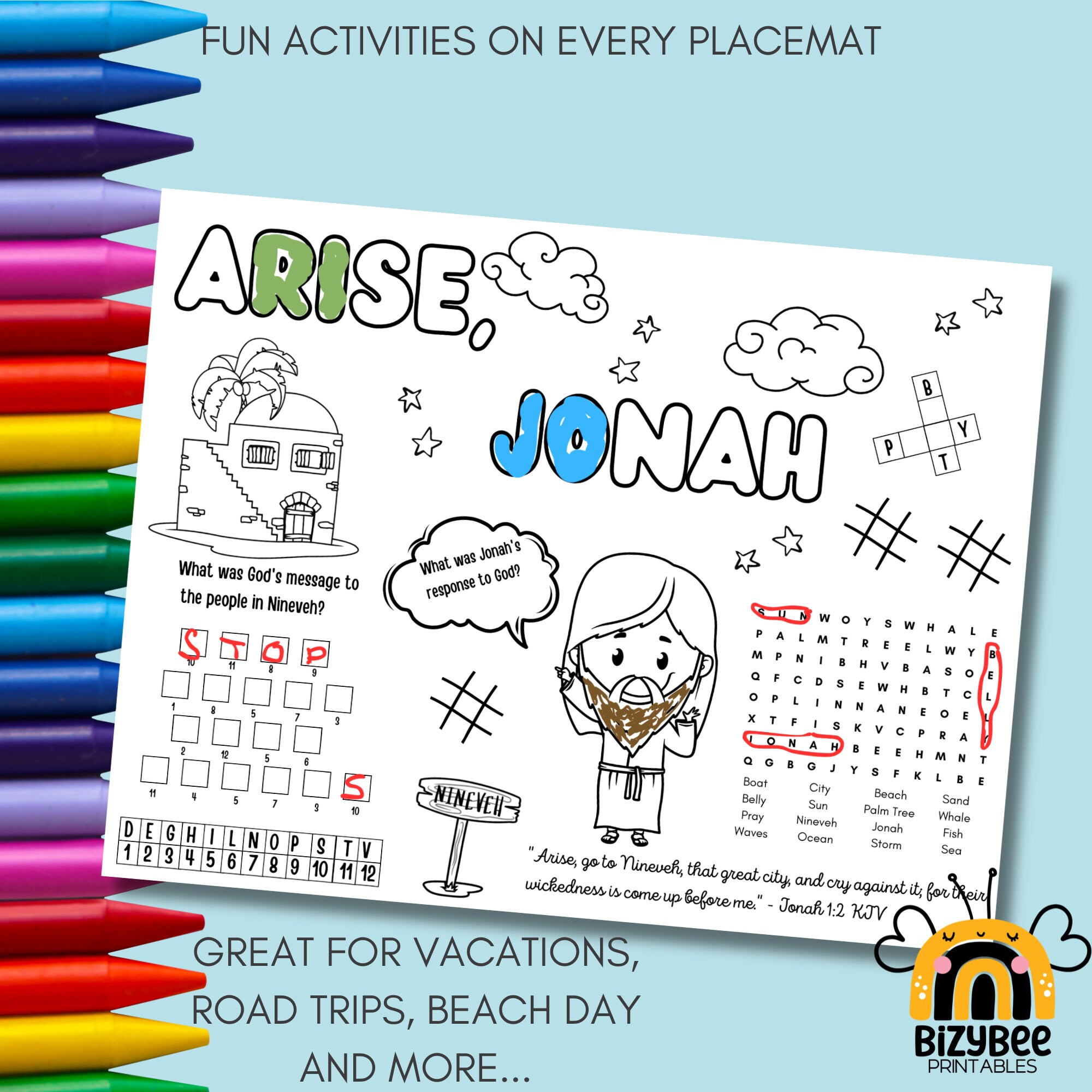 Jonah & the Whale Activity Placemat Bundle, Bible Study Coloring Page ...