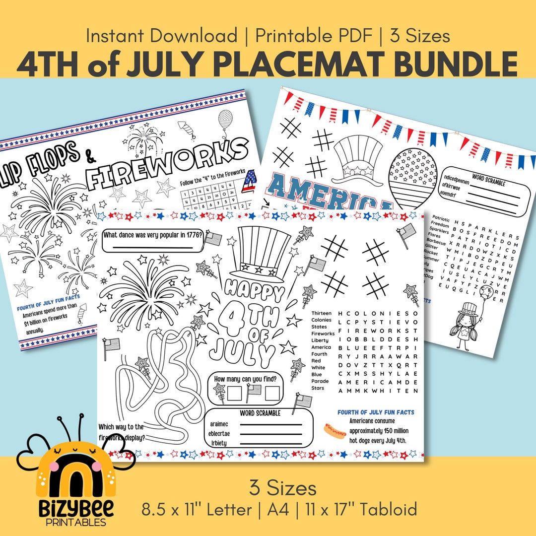 4th of July Activity Placemat, 4th of July Coloring Placemat, Fourth of ...